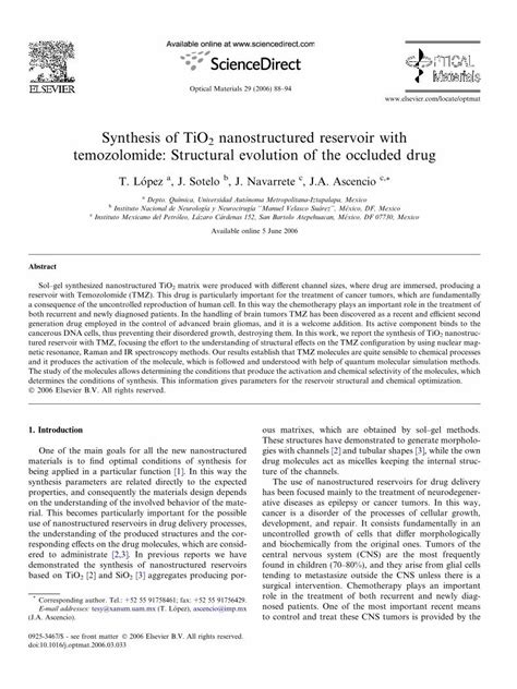 Pdf Synthesis Of Tio2 Nanostructured Reservoir With Temozolomide Structural Evolution Of The