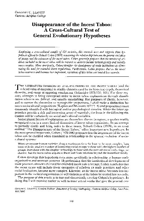 Pdf Disappearance Of The Incest Taboo A Cross Cultural Test Of General Evolutionary Hypotheses