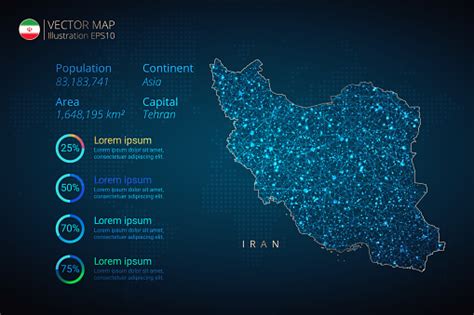 이란 지도 인포그래픽 벡터 템플릿은 파란색 배경에 추상적인 기하학적 메쉬 다각형 조명 개념을 가지고 있다 다이어그램 그래프 프리젠테이션 및 차트를 위한 템플릿 이란에 대한