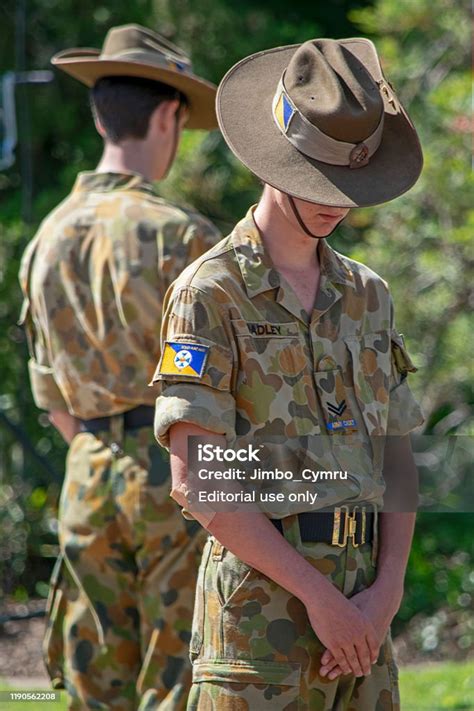 Anzac Day Parade Young Australian Army Cadets In Uniform Heads Bowed In