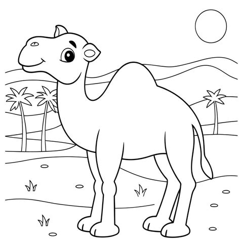 Cute Cartoon Camel In A Desert Landscape Perfect For Coloring Pages