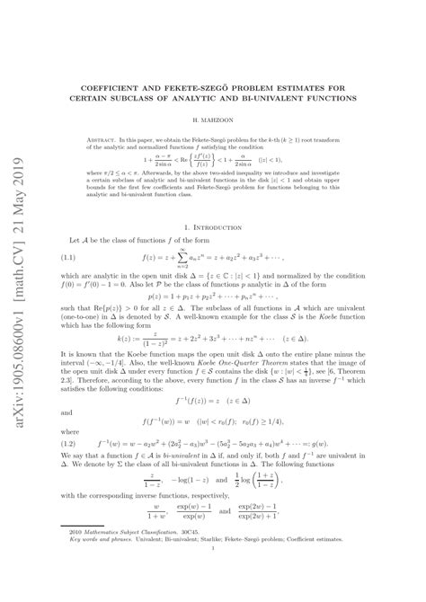 Pdf Coefficient And Fekete Szego Problem Estimates For Certain