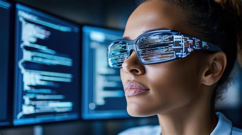 Focused Programmer Wearing Smart Glasses Reflecting Code On Screens