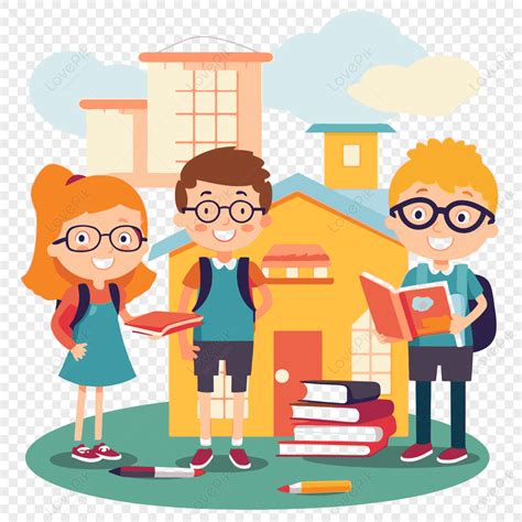 免費學校剪貼畫 四個孩子站在學校外面 手裡拿著書和書包卡通 向量學校卡通eps圖案素材免費下載，可愛卡通圖片，尺寸4267 × 4267px Lovepik