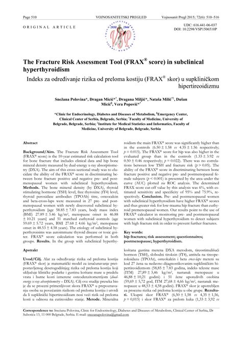 Pdf The Fracture Risk Assessment Tool Frax Score In Subclinical Hyperthyroidism