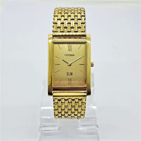 Citizen Slim Rectangle Gold Dial Full Gold Stainless Steel Quartz Watch For Men Watchcharts