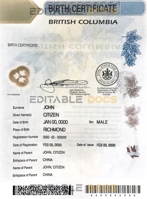 Authentic Canada British Columbia Birth Certificate Template