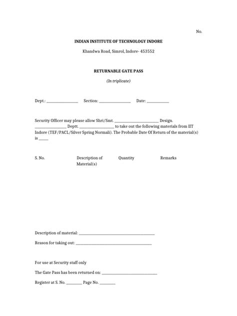 Returnable Gate Pass Format Template Pdf