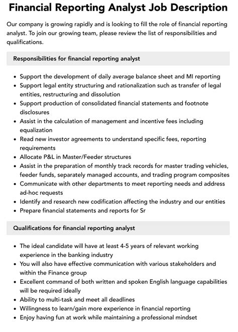 Financial Reporting Analyst Job Description Velvet Jobs