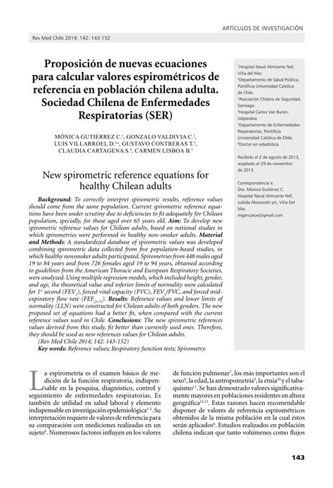 Pdf New Spirometric Reference Equations For Healthy Chilean Adults