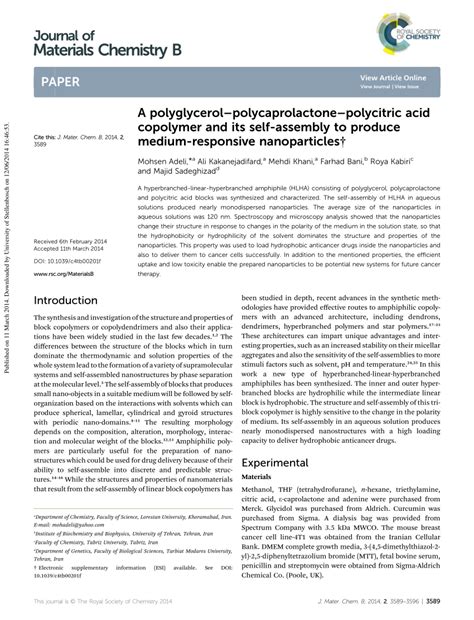 Pdf A Polyglycerolpolycaprolactonepolycitric Acid Copolymer And Its