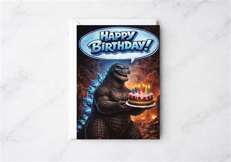 Godzilla Happy Birthday Card Etsy