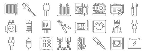 전기 도구 및 라인 아이콘 선형 집합입니다 어큐뮬레이터 납땜 철 케이블 파워 플러그 전기 퓨즈 박스 테스터 멀티미터 테스터 와 같은 품질 벡터 라인 세트 날씬한에 대한 스톡
