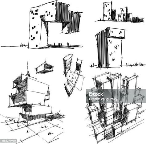 Enam Sketsa Arsitektur Arsitektur Abstrak Modern Ilustrasi Stok Unduh