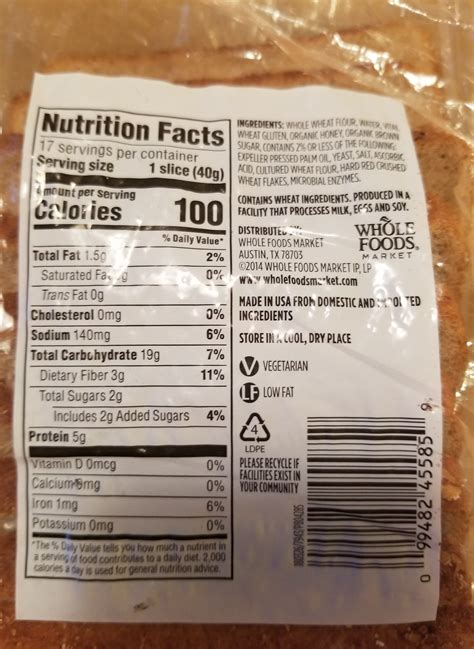 Whole Wheat Bread Nutrition Label