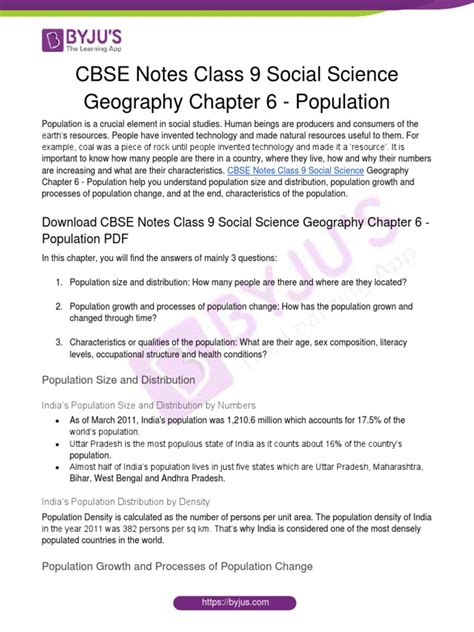 Cbse Notes Class 9 Social Science Geography Chapter 6 Population Pdf