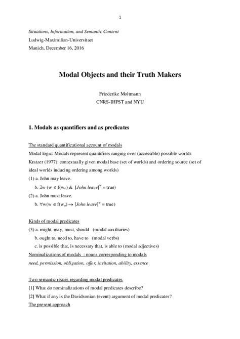 Pdf Modal Objects And Their Truth Makers Handout