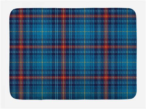 Checkered Bath Mat Cultural Pattern With Thin Lines Irish Traditional Design In Blue Colors