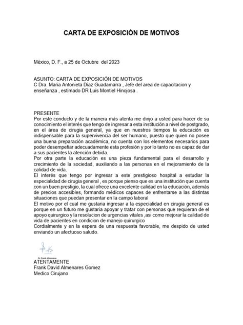 Carta De Motivos Posgrado Ejemplo