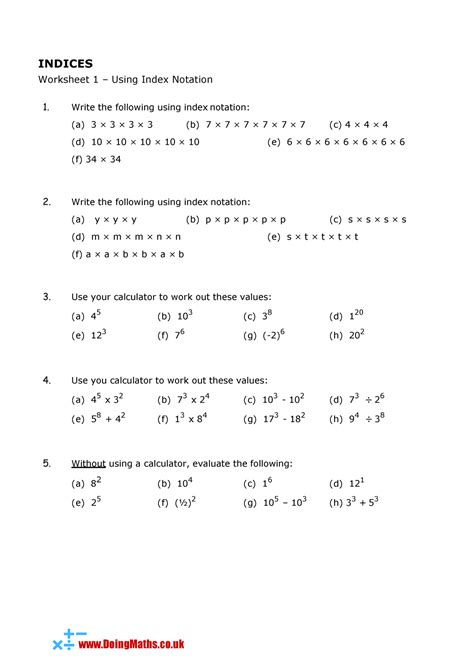 Indices Worksheet Introd Indices Worksheet 1 Using Index Notation 2 Write The Following