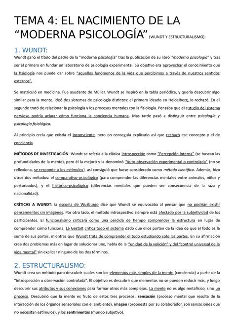 Hst psico tema 4 - TEMA 4: EL NACIMIENTO DE LA “MODERNA PSICOLOGÍA” (WUNDT Y ESTRUCTURALISMO): 1 ...