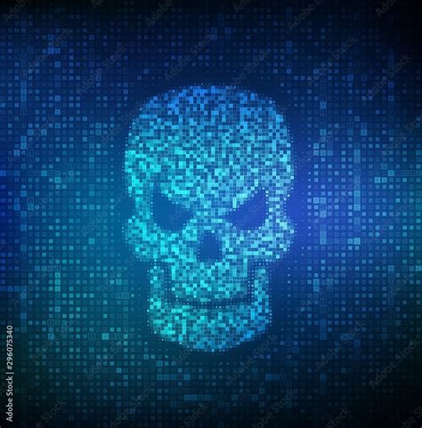 hacked shape of skull made with binary code digital code on a screen