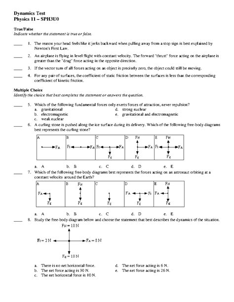 Dynamics Practice Test Dynamics Test Physics 11 Sph3u Truefalse