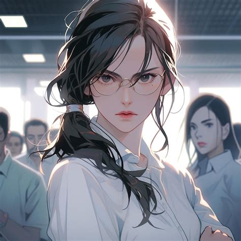 A Woman With Long Hair And Glasses Standing In A Room Generative Ai