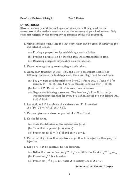 Proof And Problem Solving I Test 1 Review Proof And Problem Solving I
