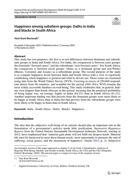 Happiness Among Subaltern Groups Dalits In India And Blacks In South
