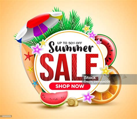 여름 판매 벡터 배너 템플릿 여름 세일 숍은 이제 우산 과일 플로터 및 팜 잎과 같은 요소로 열대 해변 광고 할인 프로모션을 제공합니다 50퍼센트에 대한 스톡 벡터 아트 및