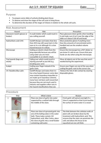 Act 39 Root Tip Squash Recording Sheet Teaching Resources