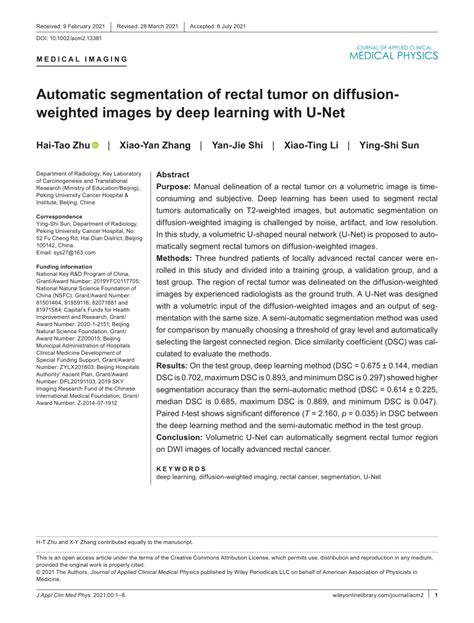 PDF Automatic Segmentation Of Rectal Tumor On Diffusionweighted Images By Deep Learning With
