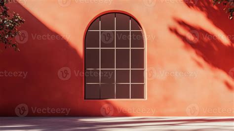 Aesthetic Arch Window Shape On Red Wall With Shadow Leaves Tree