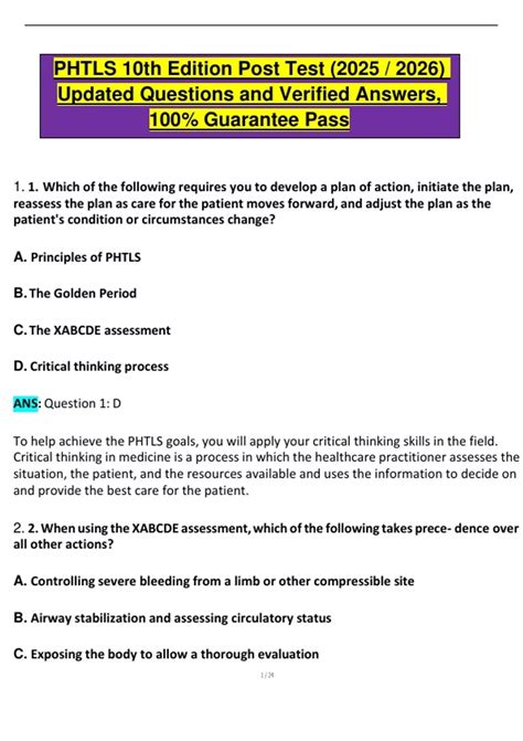 Phtls 10th Edition Post Test 2025 2026 Updated Questions And