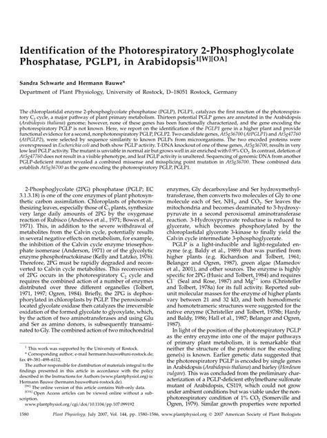 Pdf Identification Of The Photorespiratory 2 Phosphoglycolate
