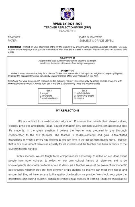 Trf 10 Teacher Reflection Formteacher Reflection Form Teacher Reflection Formteacher Rpms Sy
