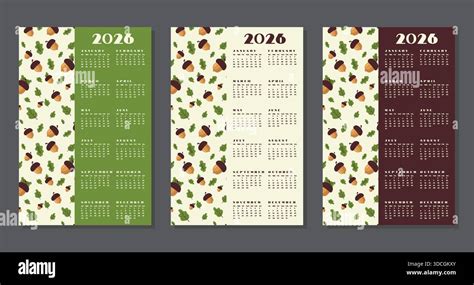 Set Vertical Calendar 2026 Template Autumn Acorn Theme Colors Stock