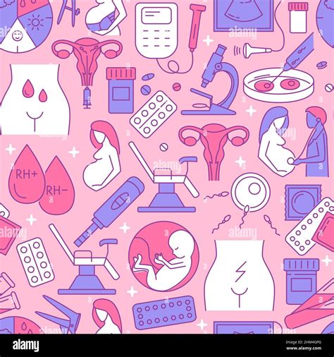 Gynecology And Obstetrics Seamless Pattern In Colored Line Style