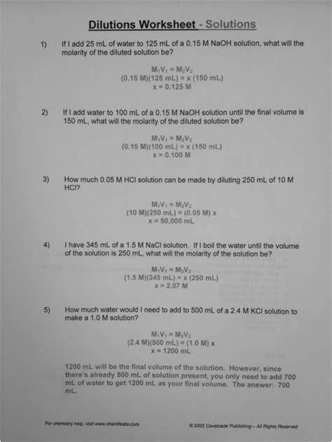 Dilution Problems Worksheet M1v1 M2v2 Answer Key Prntbl