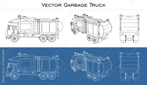 Vector Garbage Truck Set Illustration Line Drawing Blueprint Technical