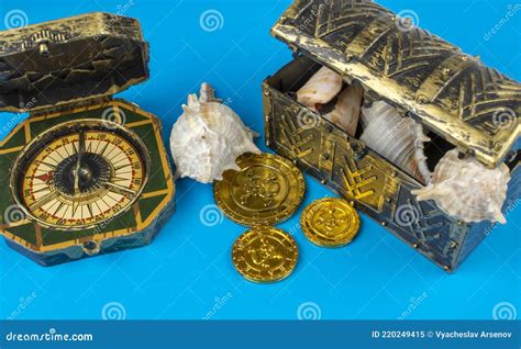 Compass And Pirate Coins On Blue Background Stock Image Image Of Nature Pirate 220249415