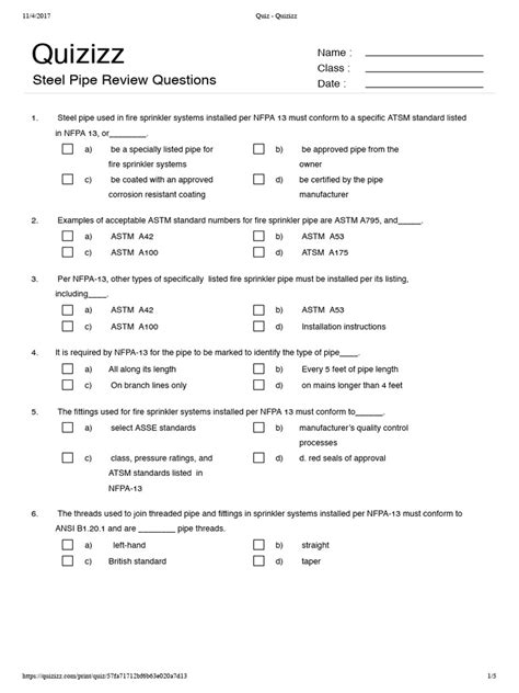 Steel Pipe Review Questions Pdf Pipe Fluid Conveyance Fire Sprinkler System