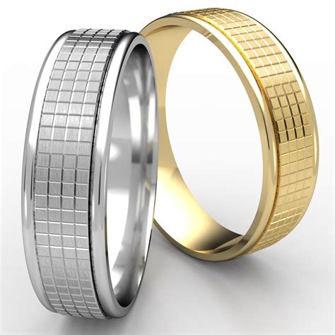 Cross Hatch Center Polish Edge Mens Wedding Band 14k W Gold