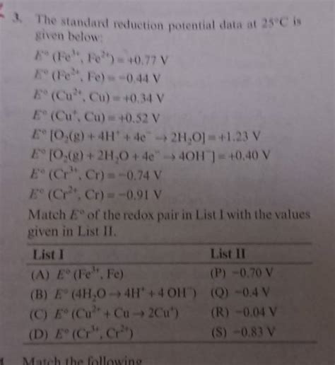 3 The Standard Reduction Potential Data At 25∘c Is Giren Below [ Begi