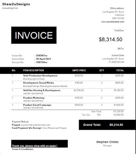 Simple Excel Editable Invoice Template Auto Calculation In Etsy