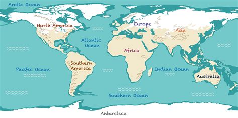 Map With The Oceans Labeled World Map With Continents Names And