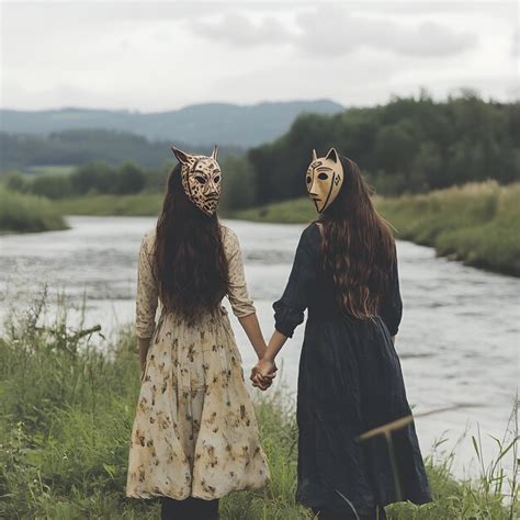 Two Girls Holding Hands And One Has A Mask On It Premium Ai Generated