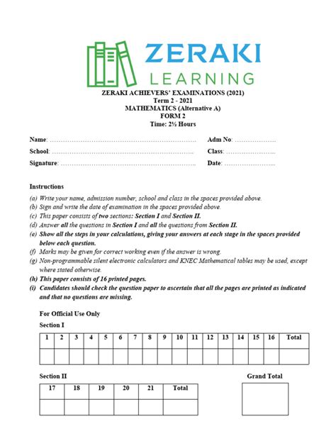 Mathematics Form 2 Zeraki Achievers 2 0 Question Paper Pdf Area Speed