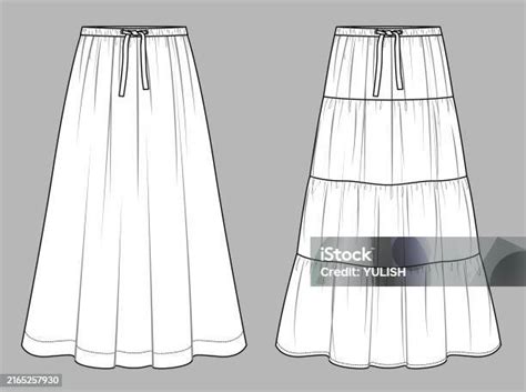 벡터 피곤한 맥시 스커트 패션 Cad 여자 보헤미안 플레어 스커트 수집 기술 도면 템플릿 플랫 스케치 저어지 또는 길쌈된 직물 치마의 2 Pc 세트는 정면 뒷전망 백색